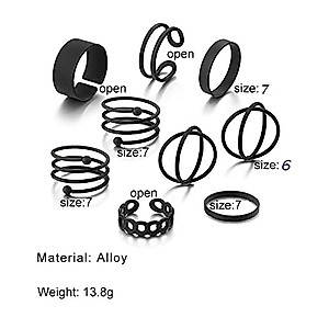 Black Rings for Women, Vintage Stackable Black Knuckle Rings Set Women Midi Rings Boho Crystal Pearl Sea Wave Finger Ring Pack (E-black-9pcs)