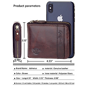 Admetus Wallet for Men Leather Zipper Bifold Wallet RFID Blocking Credit Card Holder with Gift Box Brown