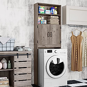 HOSTACK Over The Toilet Storage, Double Door Bathroom Organizer Toilet Cabinet, Freestanding Above Toilet Rack with Open Shelves and Adjustable Bottom Bar, 76.8 in H, Ash Gray