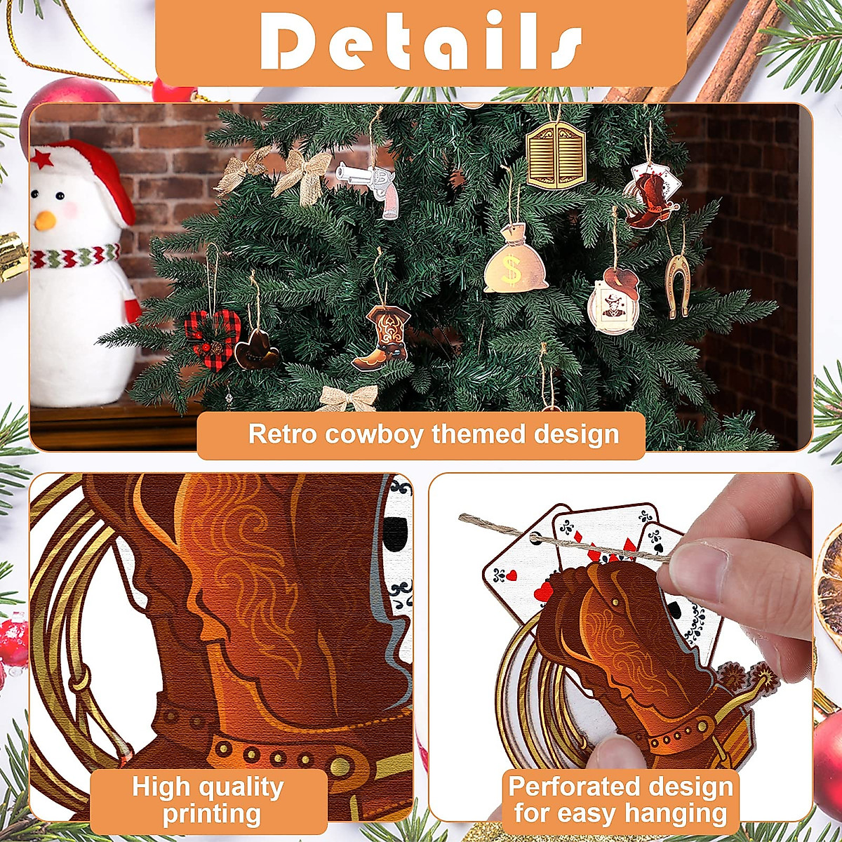 24 Pcs Christmas Western Cowboy Ornaments Wood Hanging Christmas Tree Ornaments Western Party Decorations Wooden Cowgirl Farm Hat Wild Boot Cow Horse for Xmas Tree Decoration
