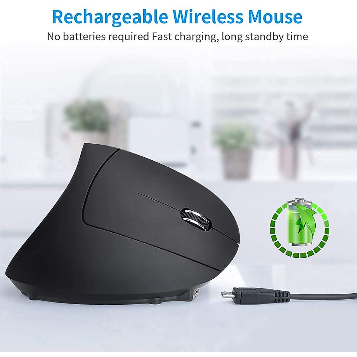 shoplease Rechargeable Wireless Vertical Mouse, 2.4G Wireless Ergonomic Optical Mouse with 3 Adjustable 800/1200 /1600 DPI, Suitable for Big Hands