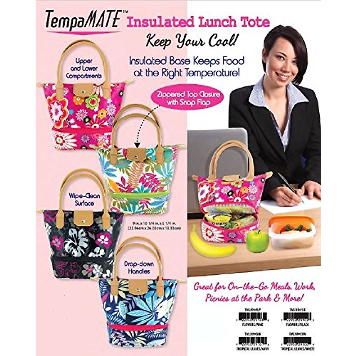 TempaMate Women's Insulated Lunch Tote, Flowers On Pink, One Size