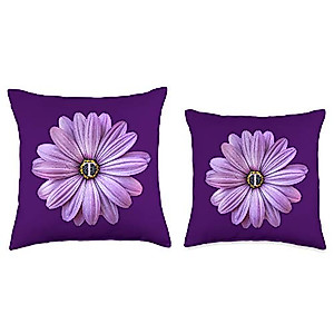Daisy Flower Initial Letter Monogram Design Gift Initial T Letter Purple Floral Design Flower-Daisy Throw Pillow, 16x16, Multicolor