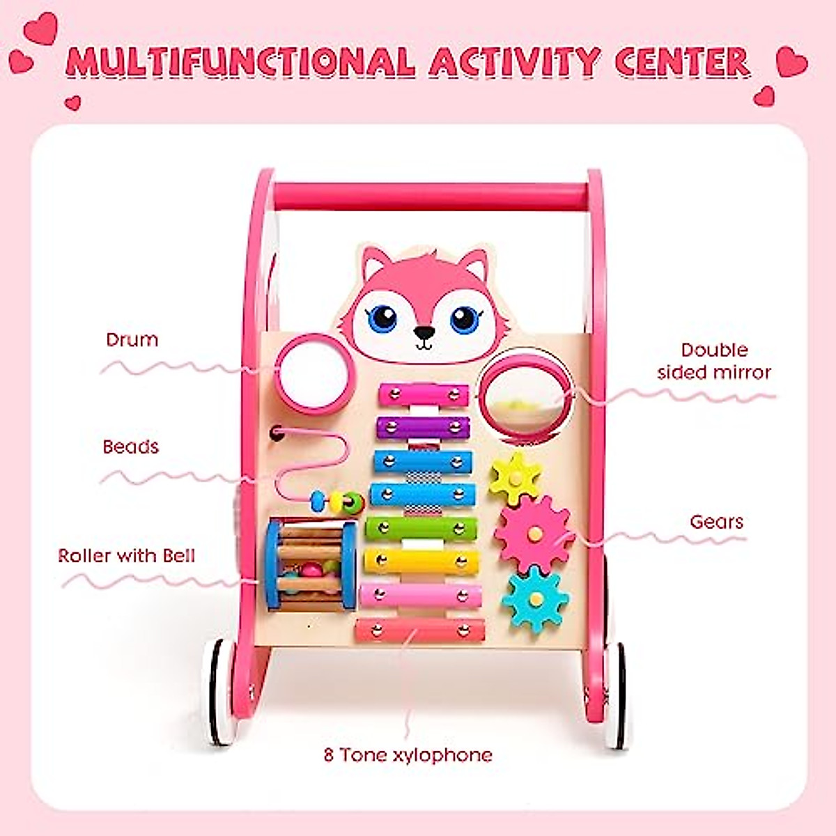 NUKied Wooden Baby Walker Baby Push Walker with Multiple Entertainment Activity Center, Sit-to-Stand Learning Baby Walkers for 9M+ Boys Girls Infants