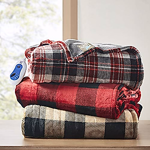 True North by Sleep Philosophy Buffalo Plaid Electric Blanket Throw Ultra Soft Plush Auto Shut Off with 3 Heat Level Setting Controller, Oversized - 5 Years Warranty, 60x70", Red