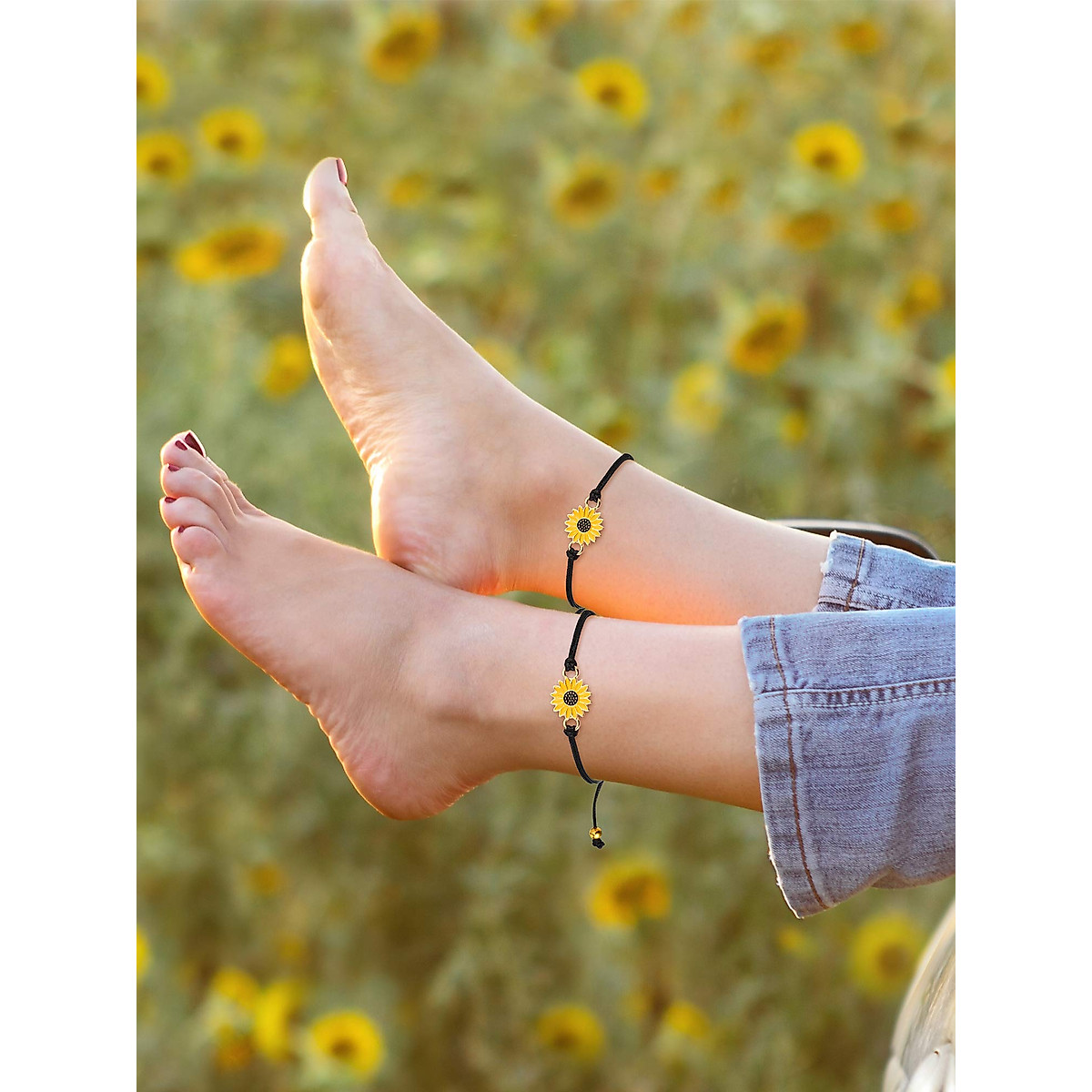 Hicarer 10 Pieces Sunflower Bracelets Handmade Boho Friendship Bracelets Adjustable Braided Rope Cute for Women Teen(Black)