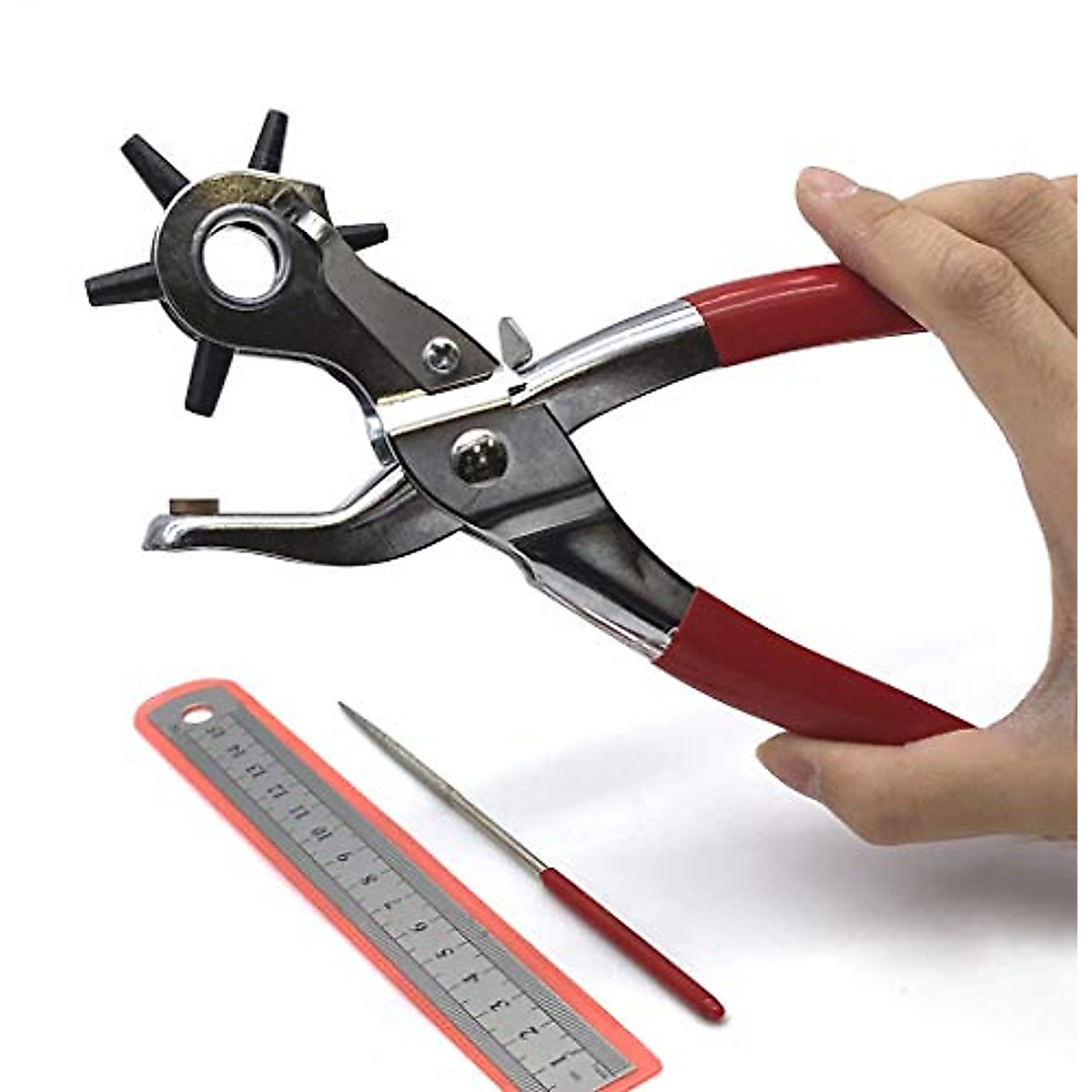 Adorox Heavy Duty 6 Size Revolving Leather Belt Hand Hole Puncher (Ruler & Deburring File Included)