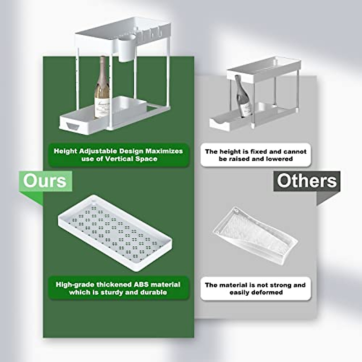 Under Sink Organizers And Storage Liftable Sink Shelf, ONADAK 2 Tier Sliding Under Bathroom Cabinet Organizer Drawer with 4 Hooks & 1 Hanging Cup Under Kitchen Sink Storage Bathroom Organizer(White)