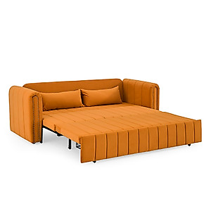 KIVENJAJA 82.3” Sleeper Sofa Bed Couch, Convertible 3-Seater Sofas with King Size Pull Out Sofabed, 3 in 1 Pullout Couches w/ 2 Drawers & Pillows for Living Room, Velvet, Orange