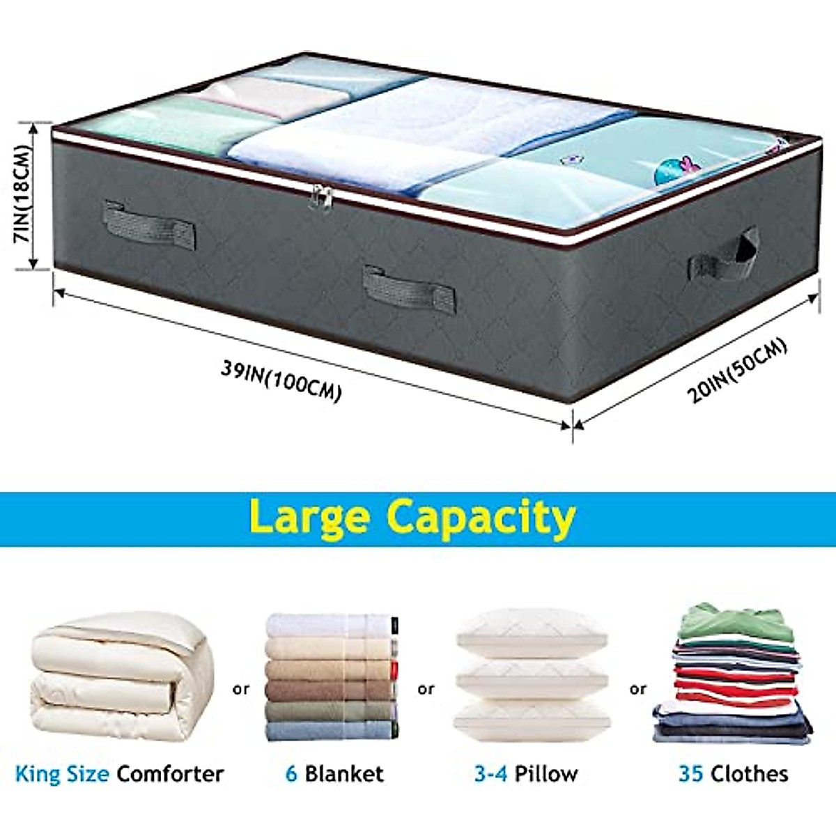 Budding Joy 90L Under Bed Storage Containers, Closet Organizers and Storage Bins, Underbed Storage Bags with Clear Window for Blankets, Sheets, Pillows, Dorm Room, Holiday Wrapping Paper Storage