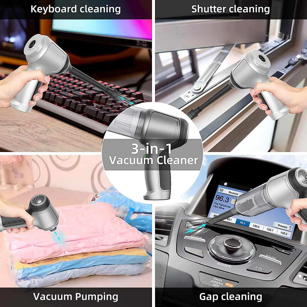 Car Vacuum Portable, Handheld Vacuum Cordless - 19000PA Mini Vacuum Cleaner High Power with Brushless Motor, 3 in 1 Hand Vacuum Cordless Rechargeable for Car, Home, Keyboard, Pet Hair Cleaning