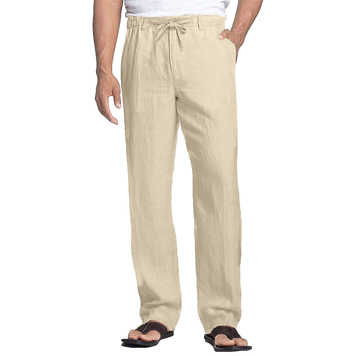NANAMEEI Beach Pants for Men Casual Mens Linen Pants Elastic Waistband with Drawstring Zipper Pocket Beach Pants Khaki M