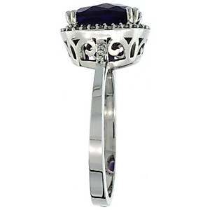 Sterling Silver Diamond Natural Amethyst Ring Cushion-cut 9x9mm, 1/2 inch wide, size 5