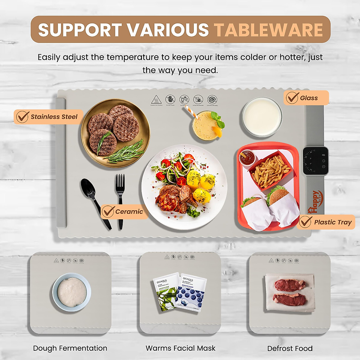 Happy Hive Food Warming Mat - Electric Heating Pad for Keeping Meals Warm - Foldable Mat - Easy to Clean - Food Warmer for Buffet, Restaurants, House Parties - Adjustable Temperature (Beige)