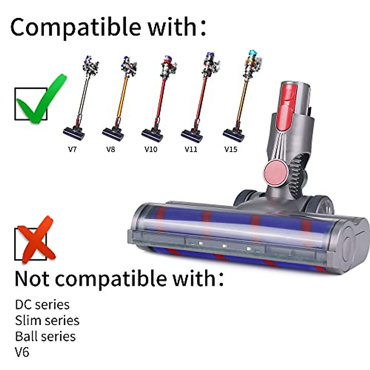 Laymi Motorhead Hardwood Floor Attachment for Dyson V7 V8 V10 V11 V15 Vacuum Cleaners with Replacement Soft Roller Brush Bar LED Headlights Floor Brush Attachments