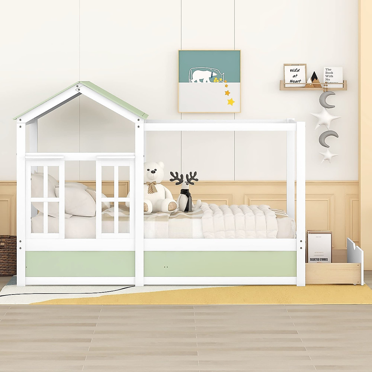 Twin House Bed with Storage Drawer for Kids Wood Cabin Tent Bed Frame for Girls Boys Montessori Beds with Roof and Window Twin Size, Green