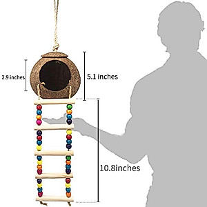 Hovico Coconut Bird Nest with Ladder Bird Toy, Hanging Coconut Shell Bird Nest for Parakeets, Reusable Grass Woven Parakeet Breeding Cave, Handmade Hanging Bird Nest Cage