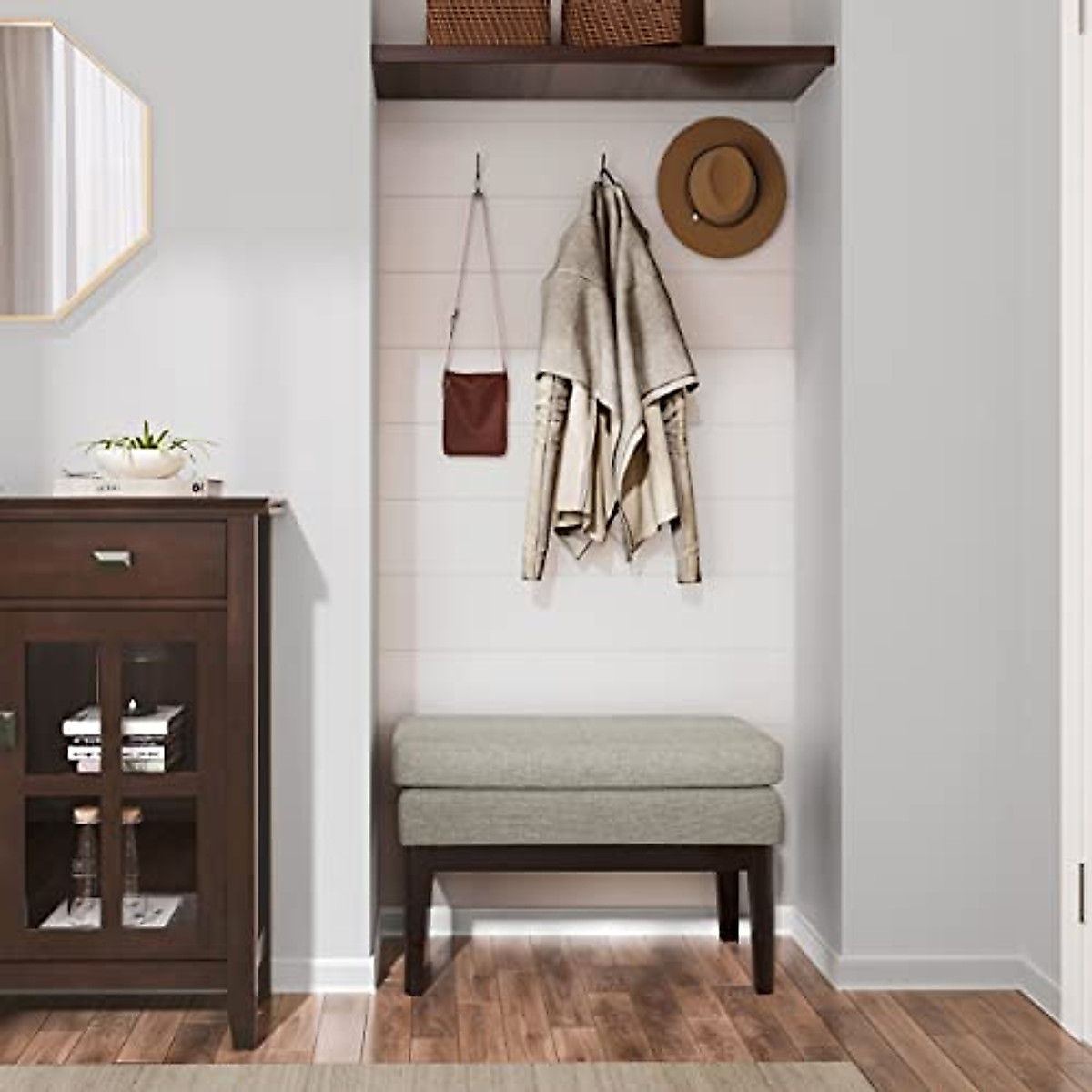 SIMPLIHOME Carlson Ottoman Bench in Greige, 15"H x 26.4"W x 17.5"D, Solid Pine Wood Frame with Dark Walnut Legs, Compact Seating for Living Room