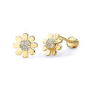 14k Yellow Gold Sun Flower Stud Earrings with Screw Back