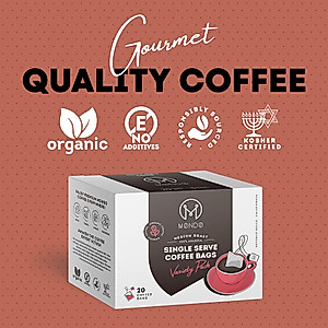 Mondo Single Serve Coffee Bags (20 Cups) Variety Pack - Organic, Medium Roast - Disposable, Portable Coffee Filters for Camping and Travel, Sampler Box of 5 Ground Coffee Flavors