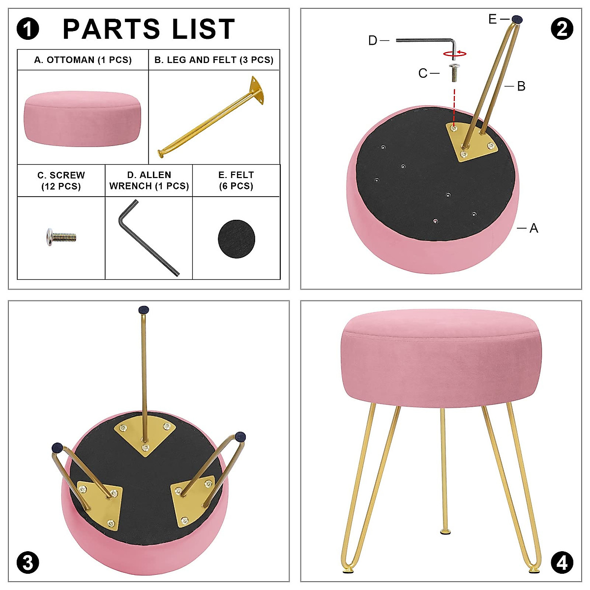 YOONIC Velvet Soft Modern Vanity Stool -Round Footrest Stool Ottoman Side Table Seat Dressing with Golden Metal Leg and Sponge Filling,Upholstered Foot Rest, for Living Room and Bedroom Pink