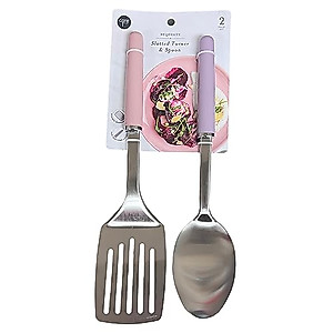Core Kitchen Home 2 Piece Metal Slotted Turner and Pointed Spoon Utensil Set (Pink/Purple)