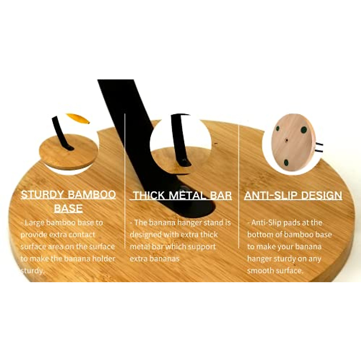 Banana Hanger for Kitchen Countertop, Black Banana Holder Stand, Bamboo Banana Hook, Headphone Hook, Kitcken Organizer- ShinYik Japanese Zakka Style with Bamboo Wood and Rust Resistance Black Iron