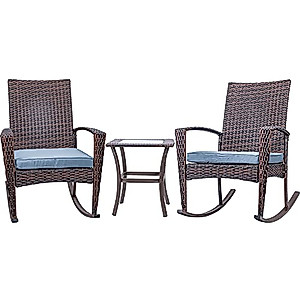 3 Piece Wicker Patio Furniture Sets, Outdoor Wicker Rocking Chairs Patio Bistro Set, Rattan Chairs Patio Furniture Set for Porch Lawn Poolside Backyard with Glass Coffee Table, Brown and Grey