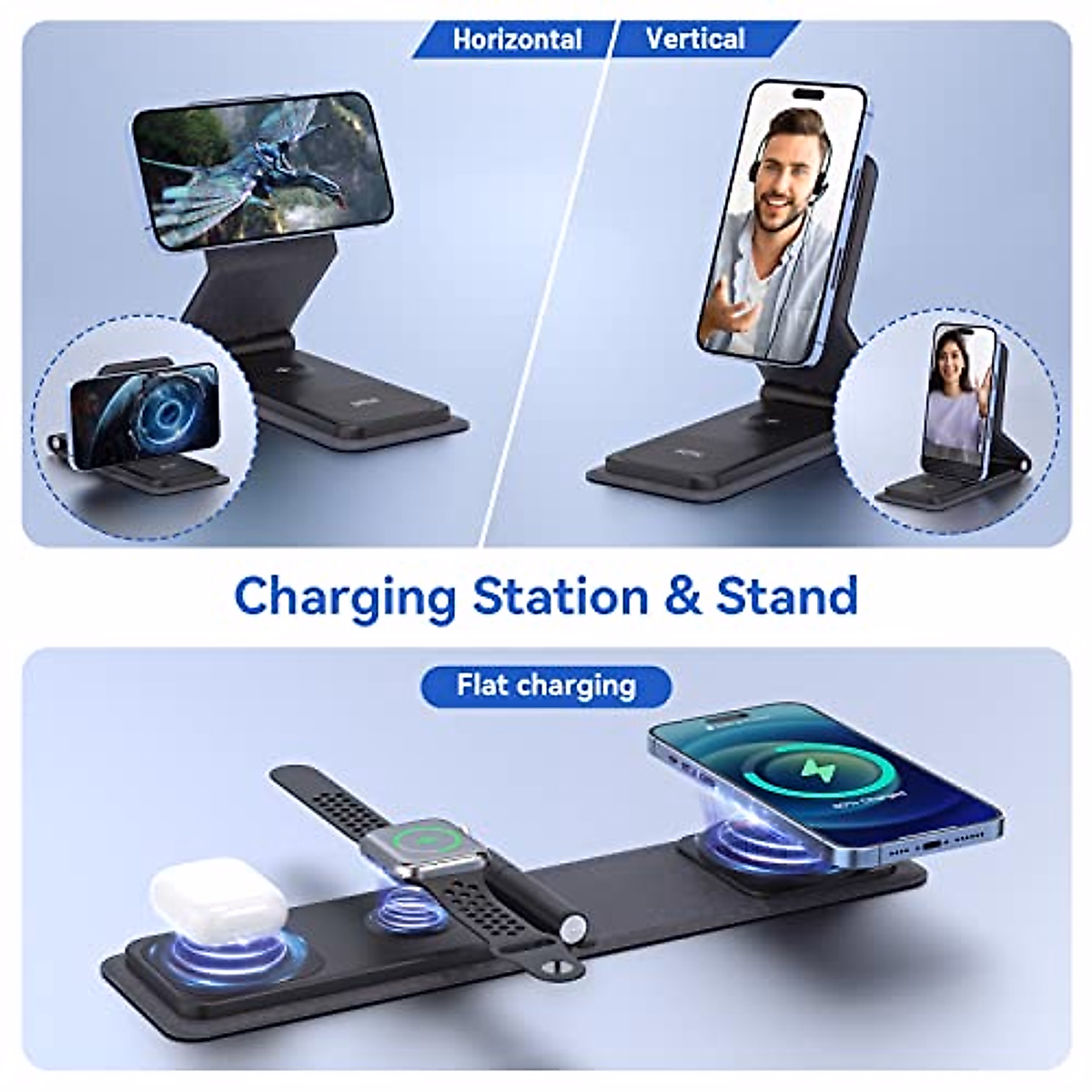 Hasbagan 3 in 1 Charging Station, Magnetic Foldable Charger, Travel Charging pad for iPhone 14 13 12 Pro Max & Apple Watch - Charging Stand Dock for AirPods (Black)