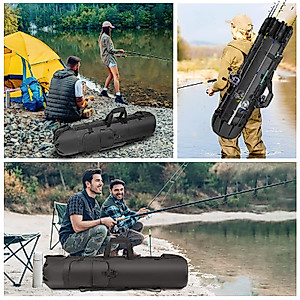 Allnice Fishing Rod Case Update Fishing Pole Bag Double shoulder straps Fishing Rod Travel Case Large Capacity Fishing Rod & Reel Organizer Bag Gift for Men - Holds 5 Poles & Tackle (Black)