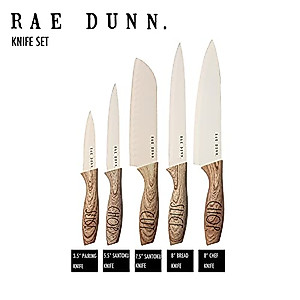 Rae Dunn Everyday Collection Set of 5 Stainless Steel Knives with Sheaths- Chef, Paring, Bread, Santoku Knives- (White)
