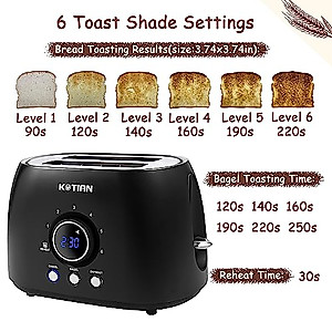 Toaster 2 Slice,KOTIAN Retro Toaster,1.5" Extra Wide Slot,Stainless Steel Toasters, Bagel,Defrost,Reheat,Cancel Function, 6 Toast Settings, Digital Timer,Removable Tray,Matte Black
