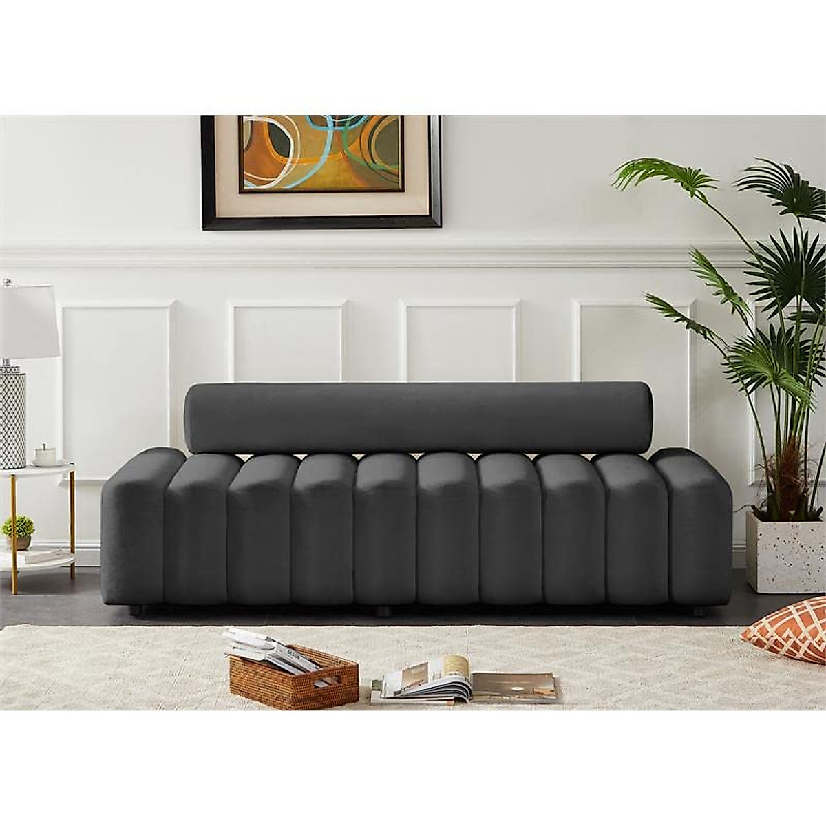 Meridian Furniture Melody Collection Velvet Upholstered Sofa with Deep Channel Tufting, Grey