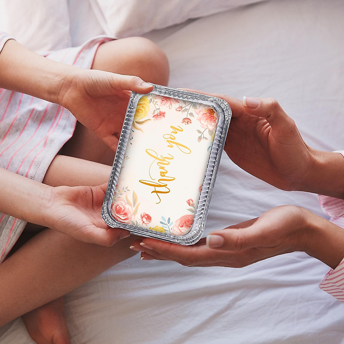 50 Pack Aluminum Pans with Lids Foil Pans with Covers Printed Thank You Floral Disposable Cookie Tins Trays Containers for Baking Cooking Heating Storing Food Prepping Leftovers, 8.3 x 5.5 x 1.8 Inch