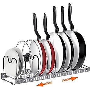 AHNR Expandable Pot and Pan Organizers Rack, 10+ Pans and Pots Lid Organizer Rack Holder, Kitchen Cabinet Pantry Bakeware Organizer Rack Holder with 10 Adjustable Compartments (Grey)
