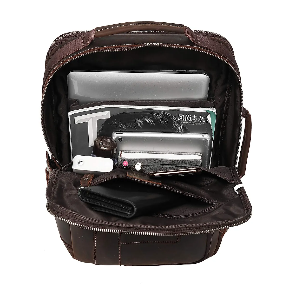 LANNSYNE Men's Full Grain Leather Expandable 15.6 Laptop Backpack Tote Shoulder Travel Bag Rucksack