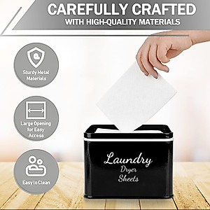 Creproly Dryer Sheet Holder Dispenser Farmhouse Metal Dryer Sheet Container with Lid for Laundry Room Decor and Space Saving Laundry Room Organization and Storage (Black)
