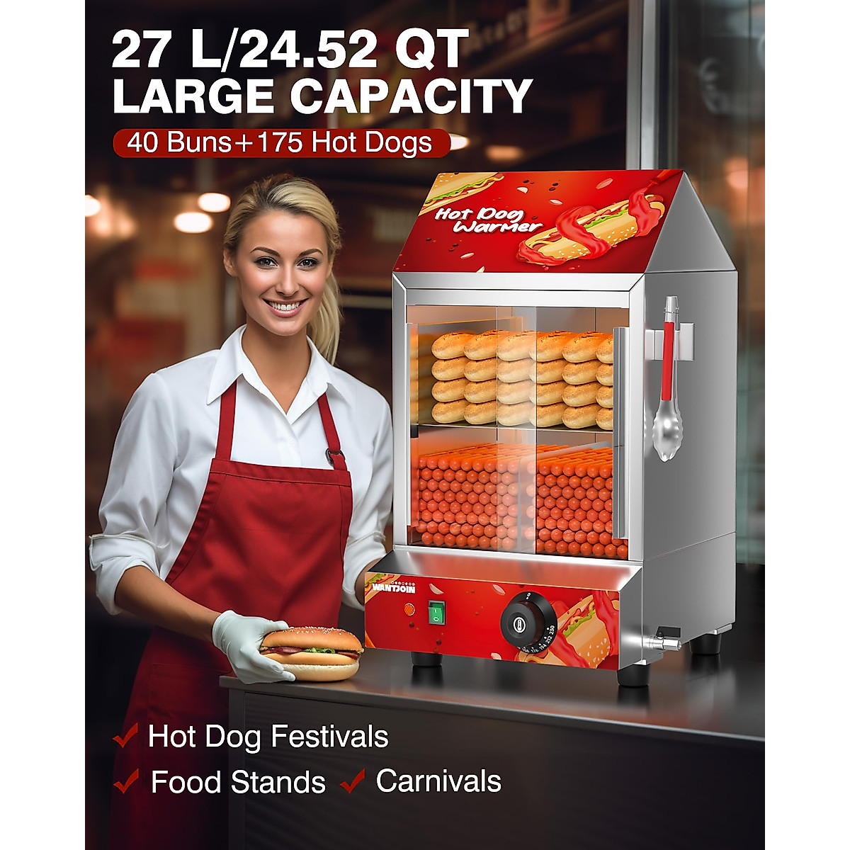 WantJoin Hot Dog Steamer - 2 Tiers Electric Hot Dog Steamer with Bun Warmer 27 L/24.52 QT, Visuable Glass Slide Doors Suit for 175 Hot Dogs and 40 Buns
