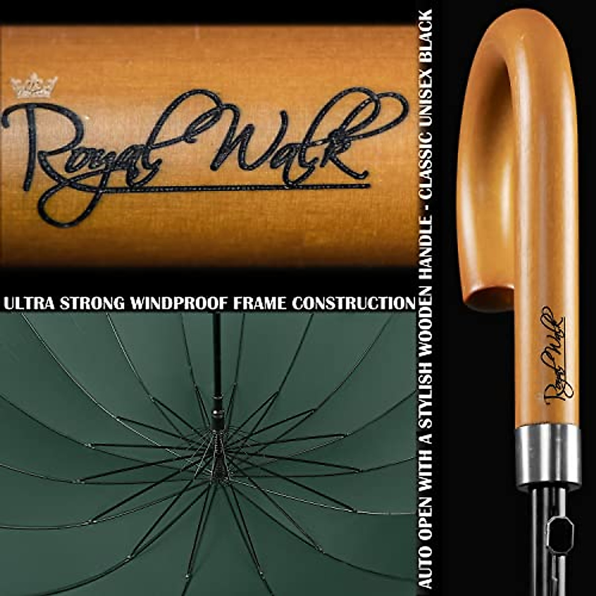 Royal Walk Large Windproof Umbrella for 2 People, 54 Inch, Dark Green, Auto Open, Wooden Handle, 16 Ribs, Travel Size