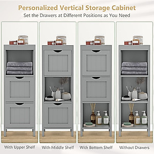 Tangkula Small Bathroom Storage Cabinet with 2 Removable Drawers, Wood Freestanding Floor Cabinet for Bathroom, Anti-Tipping Device, Side Corner Small Cabinet for Small Spaces (Grey)