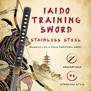 HMS Unsharpened Iaido Training Wakizashi Sword, Stainless Steel, Full Tang, Samurai Bamboo Tsuba, Black Scabbard