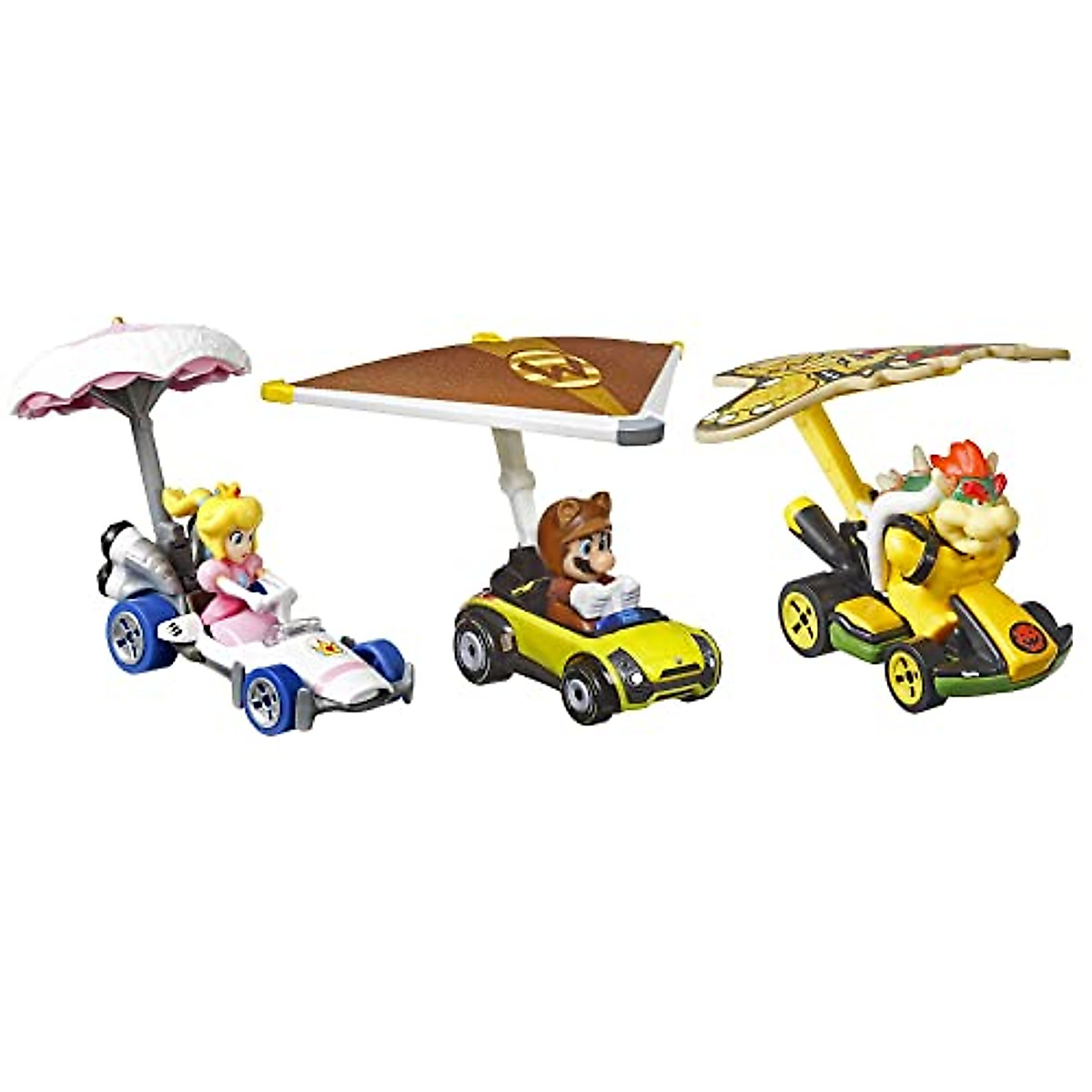 Hot Wheels Mario Kart Vehicle 3-Pack Set of Toy Cars with Gliders Inspired by Tanooki Mario, Princess Peach and Bowser