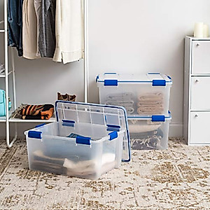 IRIS USA 60 Quart WEATHERPRO Plastic Storage Box with Durable Lid and Seal and Secure Latching, Clear With Blue Buckles, Weathertight, 3 Pack