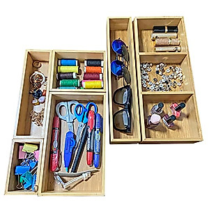 Bamboo Junk Drawer Organizer and 6 Storage Box Dividers Set,8 Compartment Organization Tray Holder for Craft,Sewing,Office,Bathroom.Kitchen …