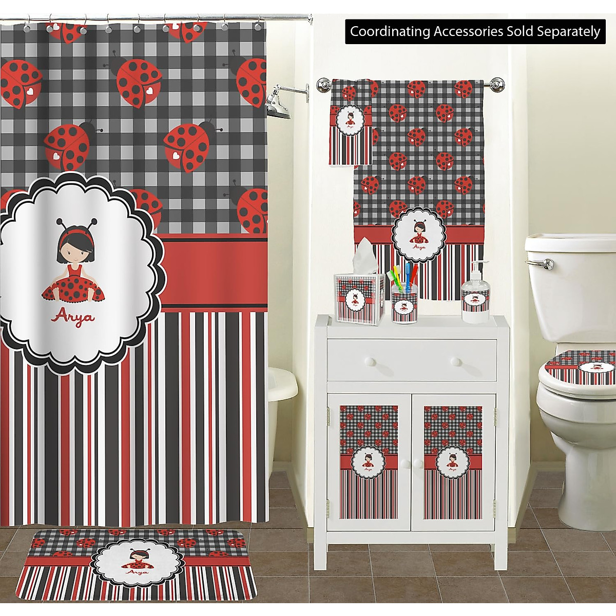 YouCustomizeIt Personalized Ladybugs & Stripes Waste Basket - Single Sided (White)