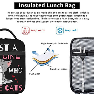 Kaeddi Cute Cat Lunch Bag Large Capacity Heat Insulated Lunch Box Leakproof Durable Portable Reusable Handbags Thermal Cooler Tote Bag, Just A Girl Who Loves Cats (One Size, Black)