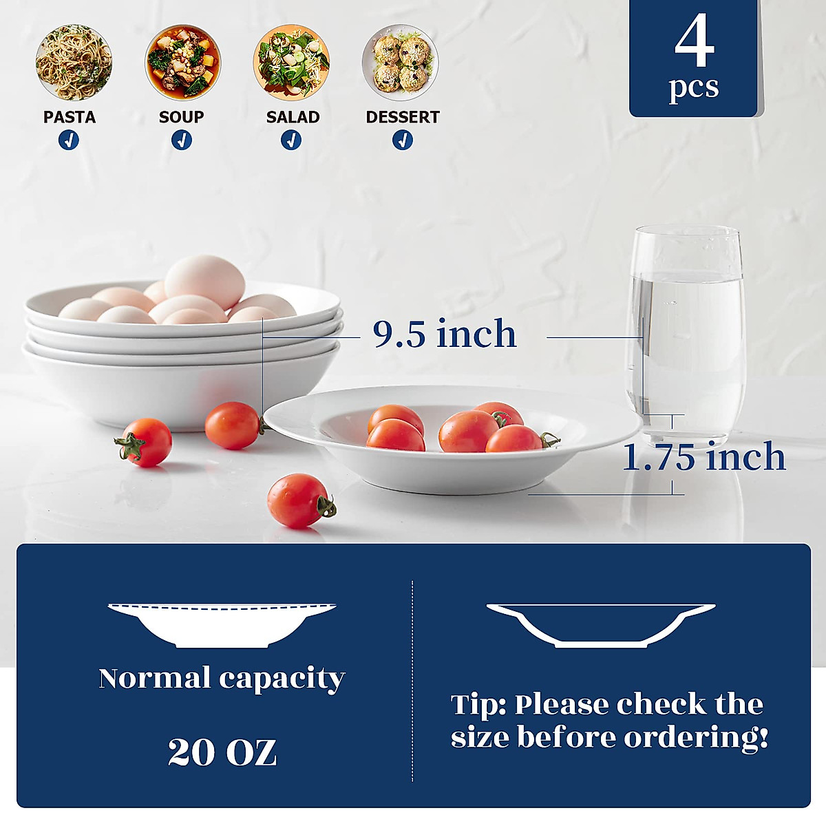 Y YHY Soup Bowls, Pasta Bowls Set of 4, White Salad Bowls and Plates, 20 Ounces Porcelain Wide Rim Bowls, Microwave and Dishwasher Safe, Christmas Gift