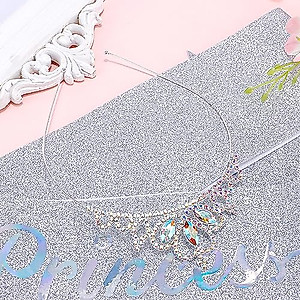 KICOSY Silver Birthday Crowns for Women Birthday Princess Sash & Crystal Tiara Set Princess Tiara for Girls Princess Crown Birthday Tiara Girls Crystal Headband Glitter Sash Kit for Birthday Party