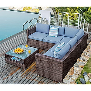 COSIEST 4-Piece Outdoor Furniture Set All-Weather Brown Wicker Sectional Sofa w Glass Coffee Table, Heritage Blue Cushions,2 Stripe Woven Pillows Incl. Waterproof Cover for Garden