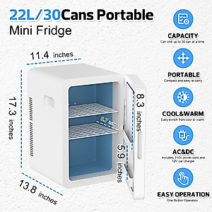 advwin 22L Mini Fridge for Bedroom, 30 Cans Portable Cooler & Warmer Compact Refrigerators with AC/DC Power for Skin Care, Beverage, Cosmetics, Food, Drinks, Office Desk Dorm Room, Chic White